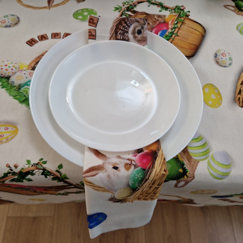 Round Easter Tablecloth: Bunnies & Eggs Print—100% Cotton, Custom Size ...
