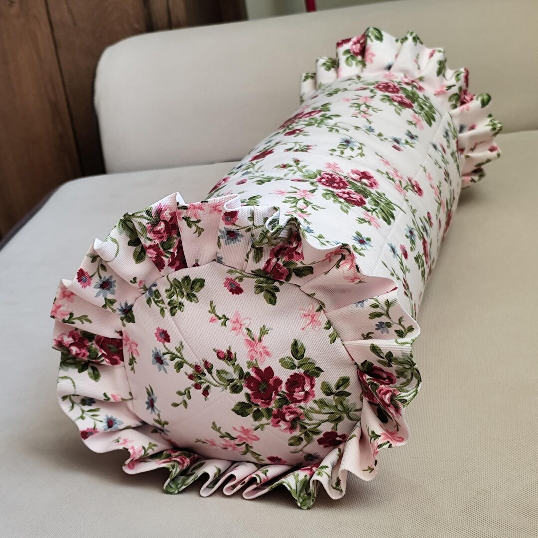 Pink Floral Ruffle Bolster Pillow Cover, Custom Any Size Cylinder ...