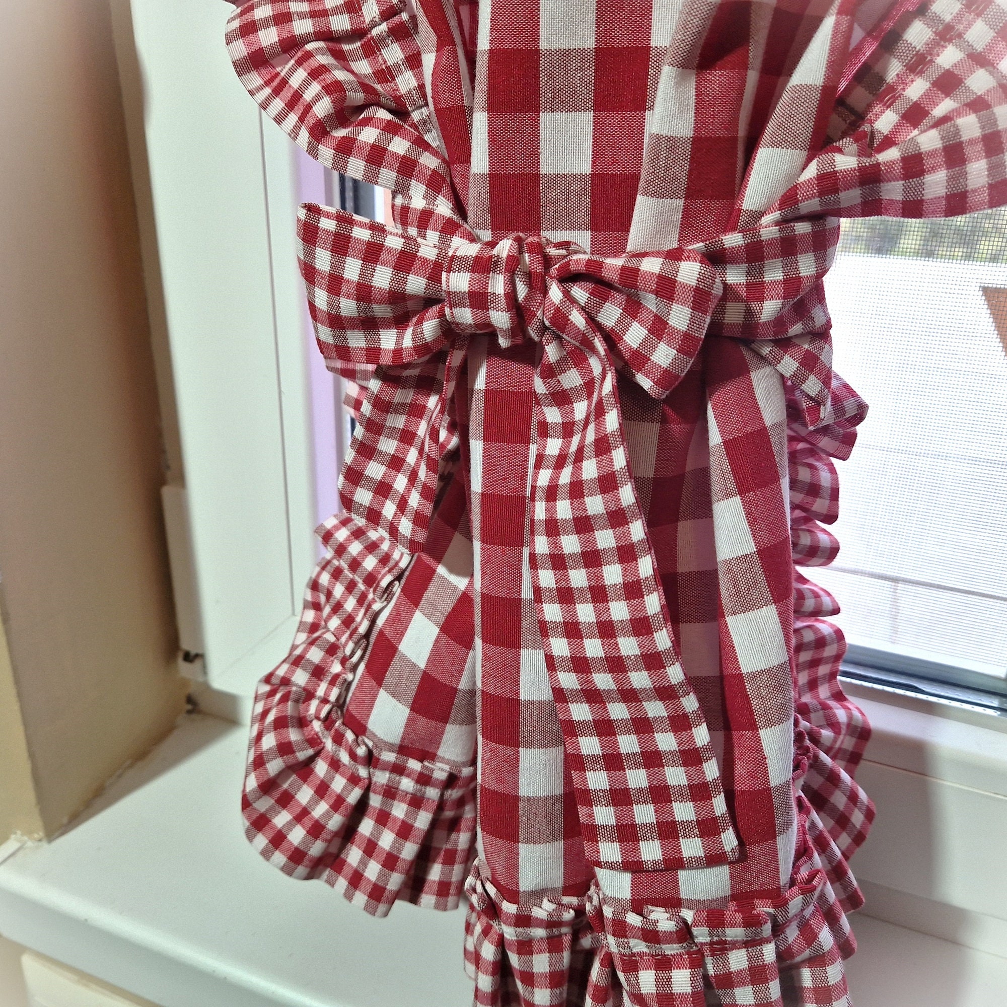 Red Gingham Cafe Curtains With Ruffle, Cottage Kitchen Window Drapes ...