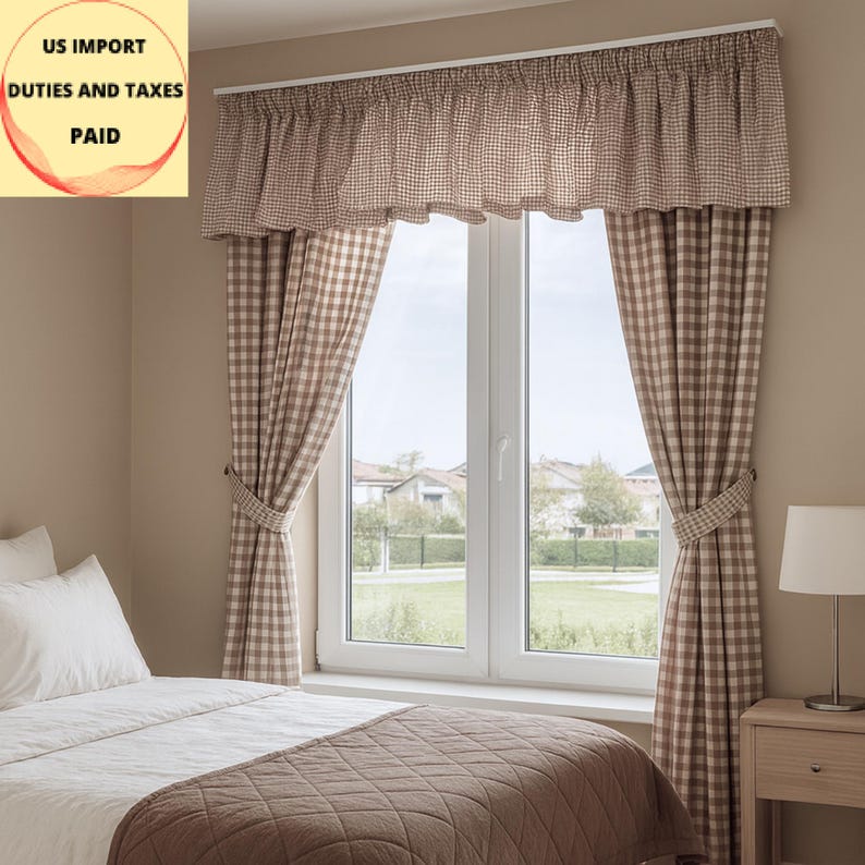 Farmhouse Gingham Curtains: Custom Beige Checked Cotton Pair Panels ...