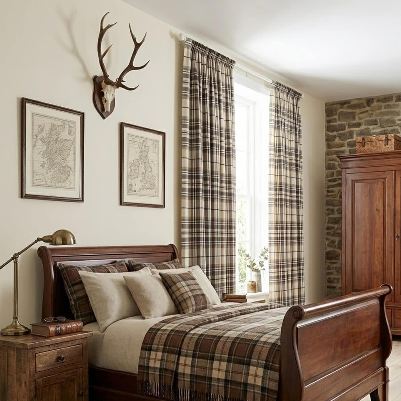 Tartan Plaid Cotton Canvas Curtains: Beige Brown & Off-white, English ...