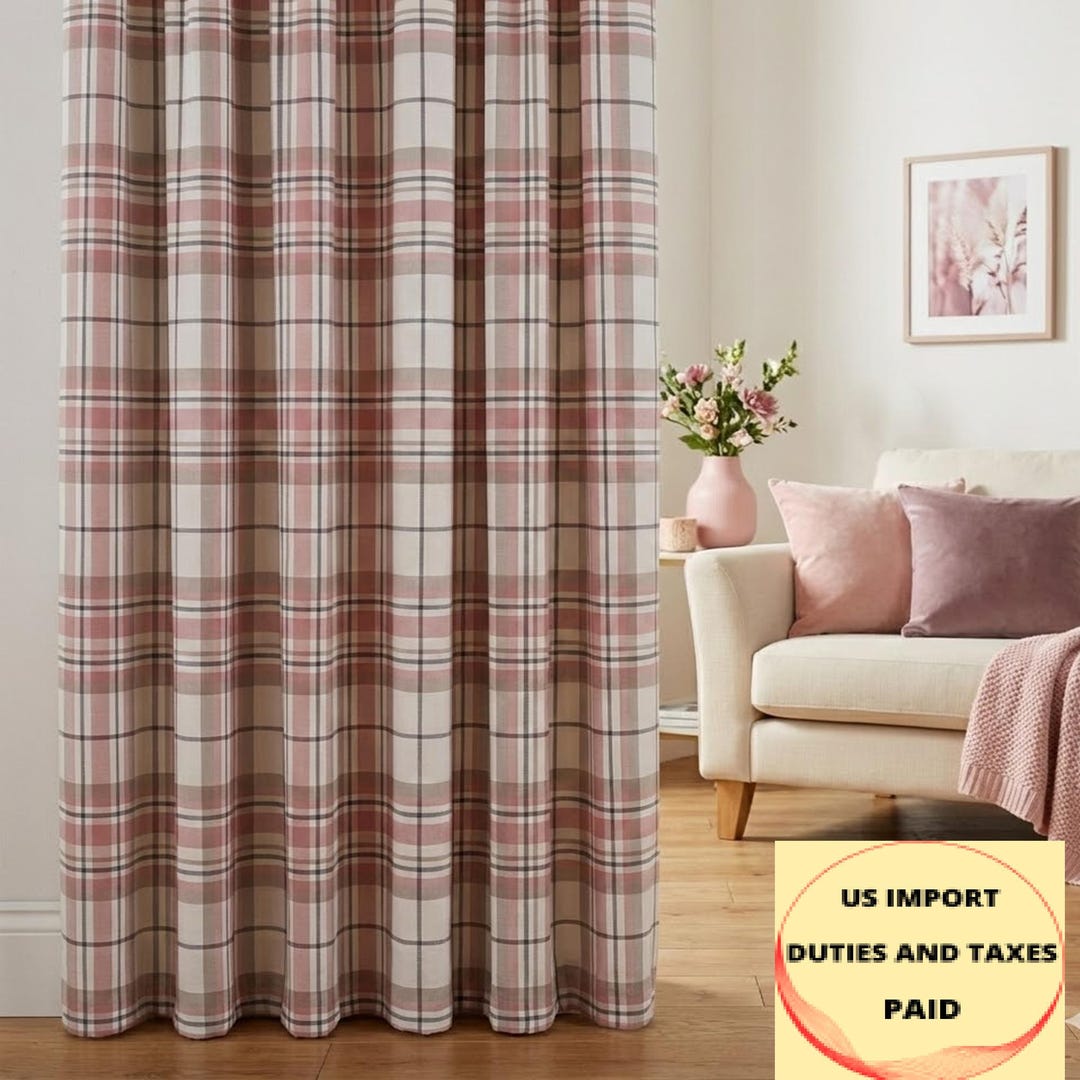 Tartan Plaid Cotton Canvas Curtains: Beige Pink & Off-white, English ...