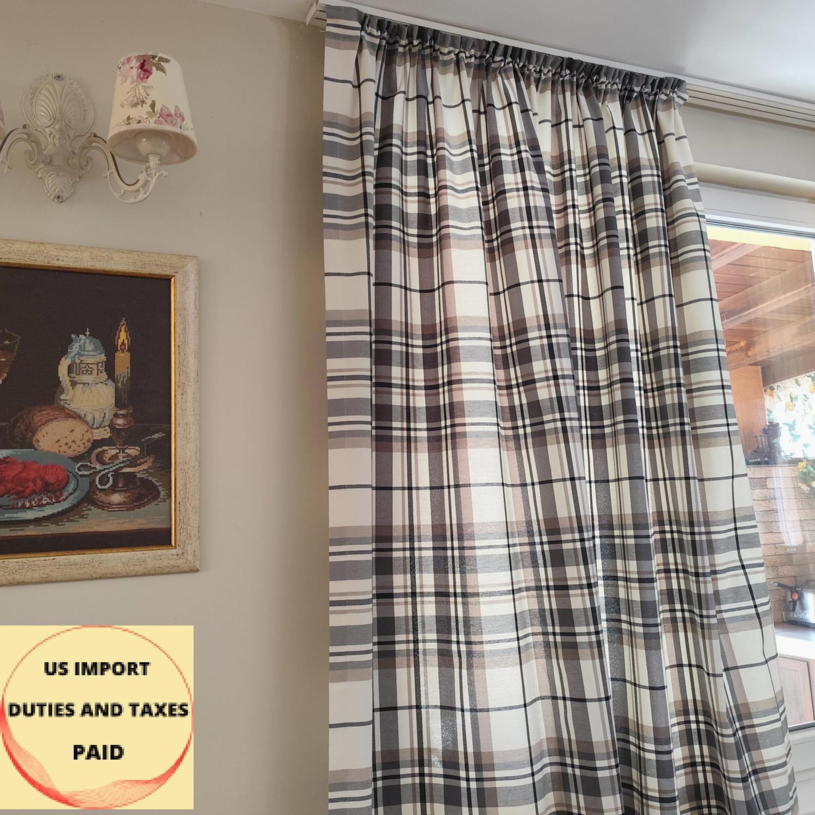 Tartan Plaid Cotton Canvas Curtains: Beige Brown & Off-white, English ...