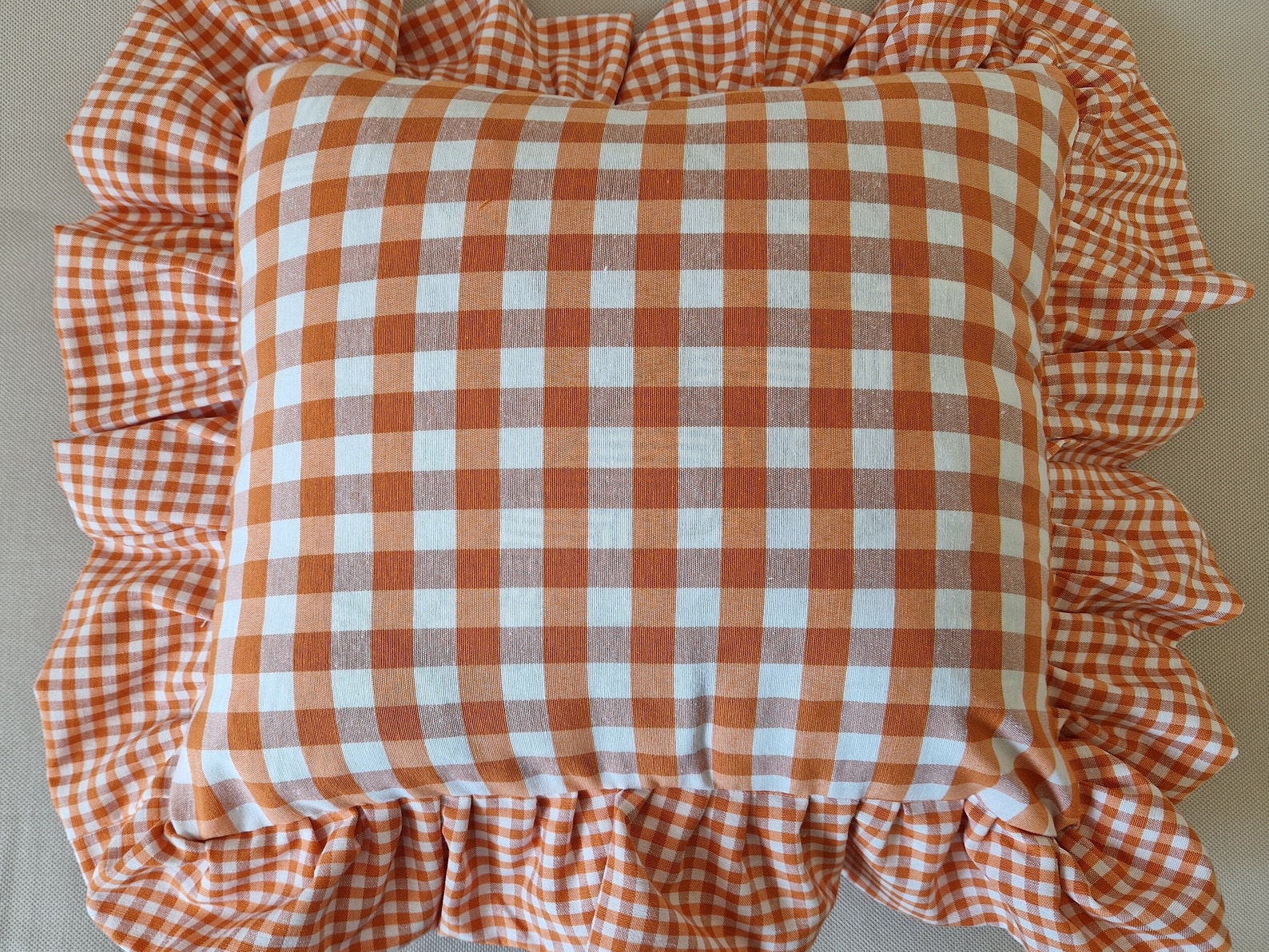 Light Brown Ruffle Gingham Plaid Throw Pillow Cover, Ruffle Euro Sham ...
