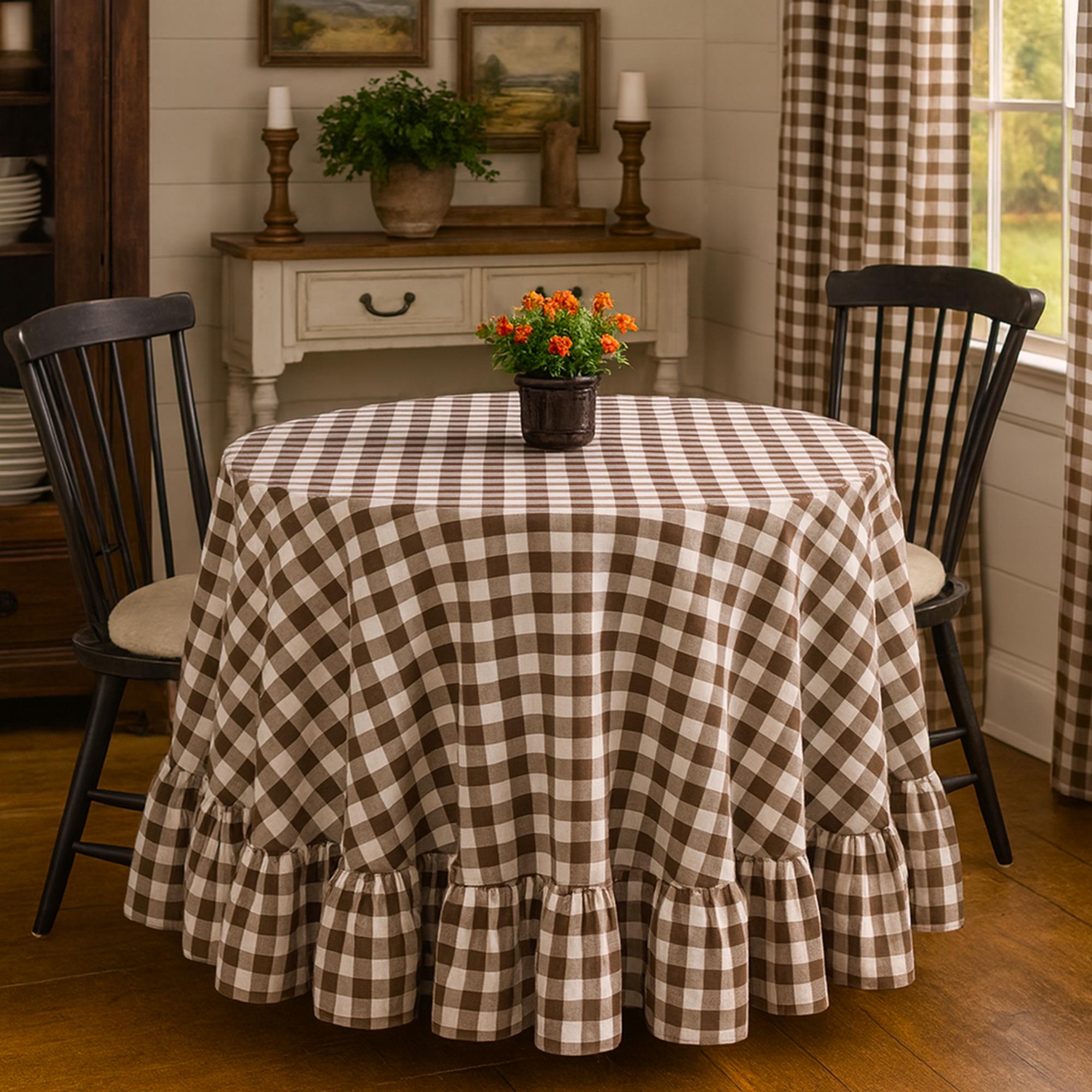 Brown Checkered Round Ruffle Tablecloth, Custom Size, French Country ...