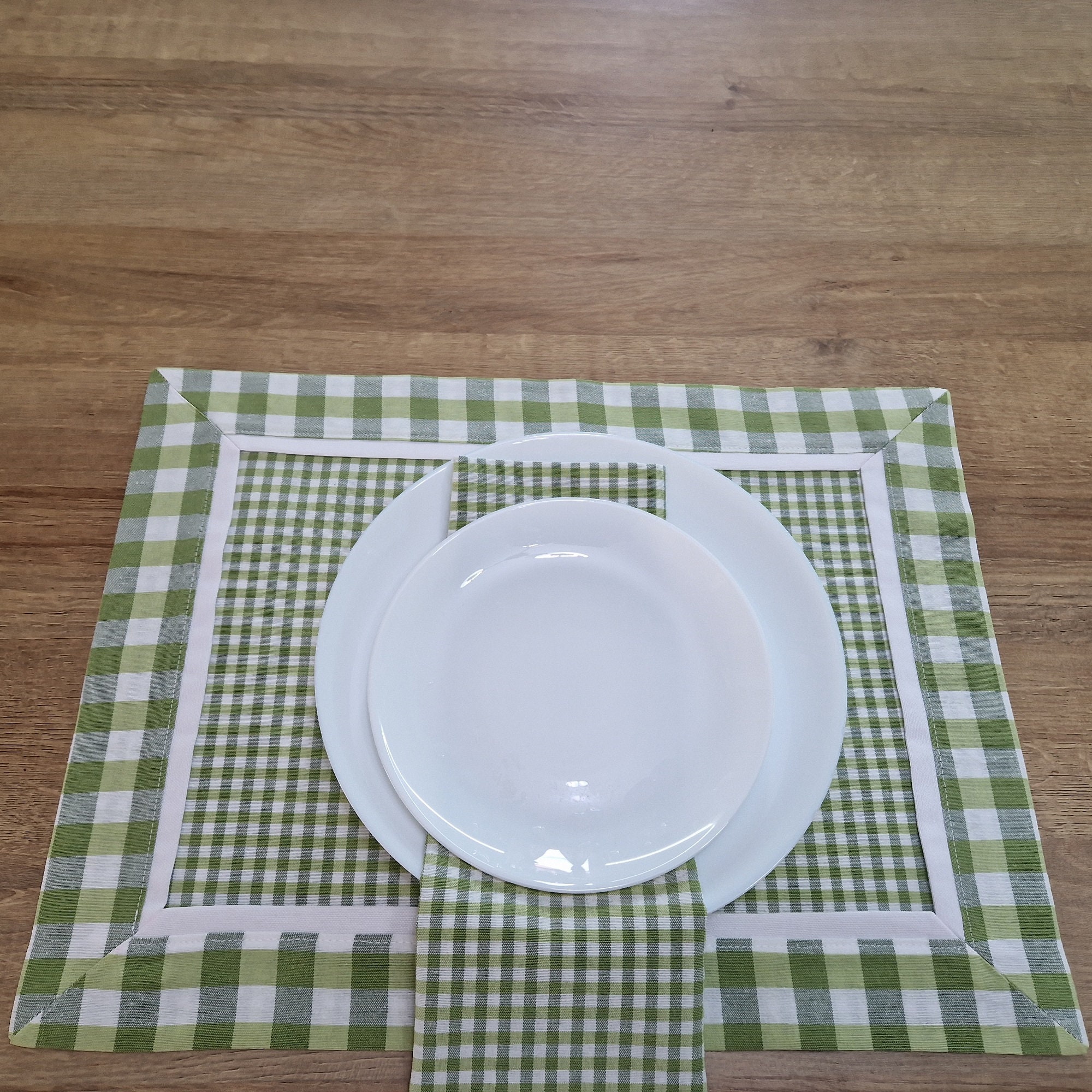 Farmhouse Plaid Gingham Table Runner Green and White With Border ...