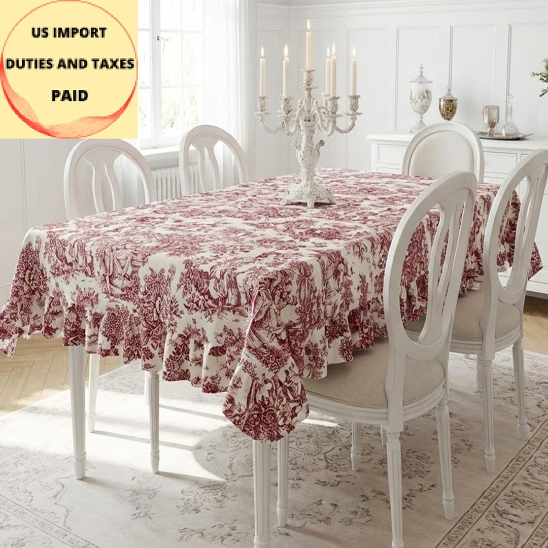 Burgundy Ruffle Tablecloth, Custom French Toile De Jouy Cotton Dining ...