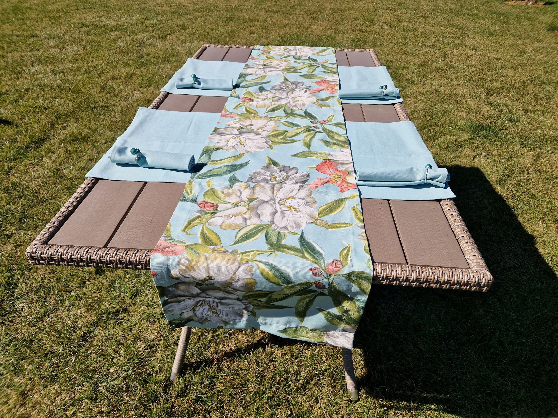 Spring Teal Table Runner With Big Flowers, Custom Size & Design Floral ...