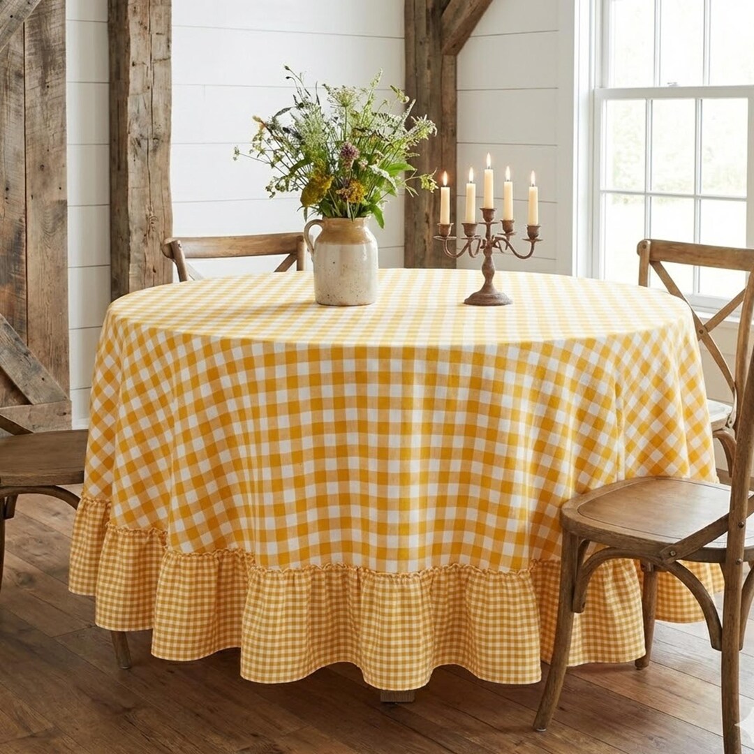 Yellow Gingham Round Ruffle Tablecloth, Country Cottage Decor, Custom ...
