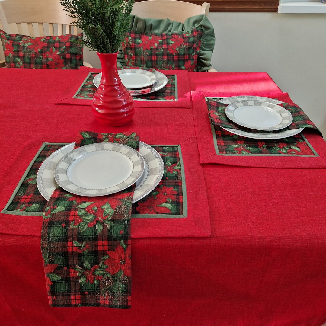 Holiday Christmas Red Solid Tablecloth, Napkins and Placemats With ...