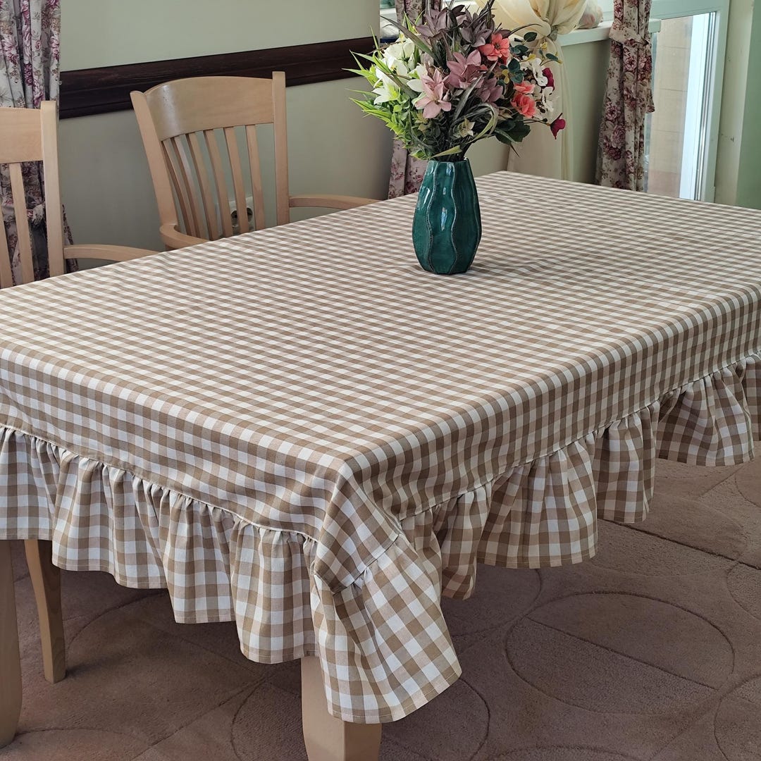 Light Brown Gingham Ruffle Tablecloth & Other 13 Colors, Custom Size ...