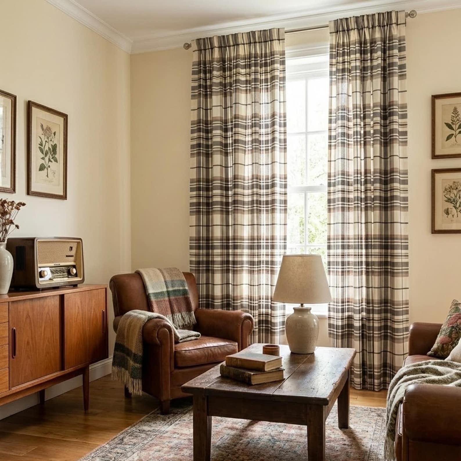 Tartan Plaid Cotton Canvas Curtains: Beige Brown & Off-white, English ...