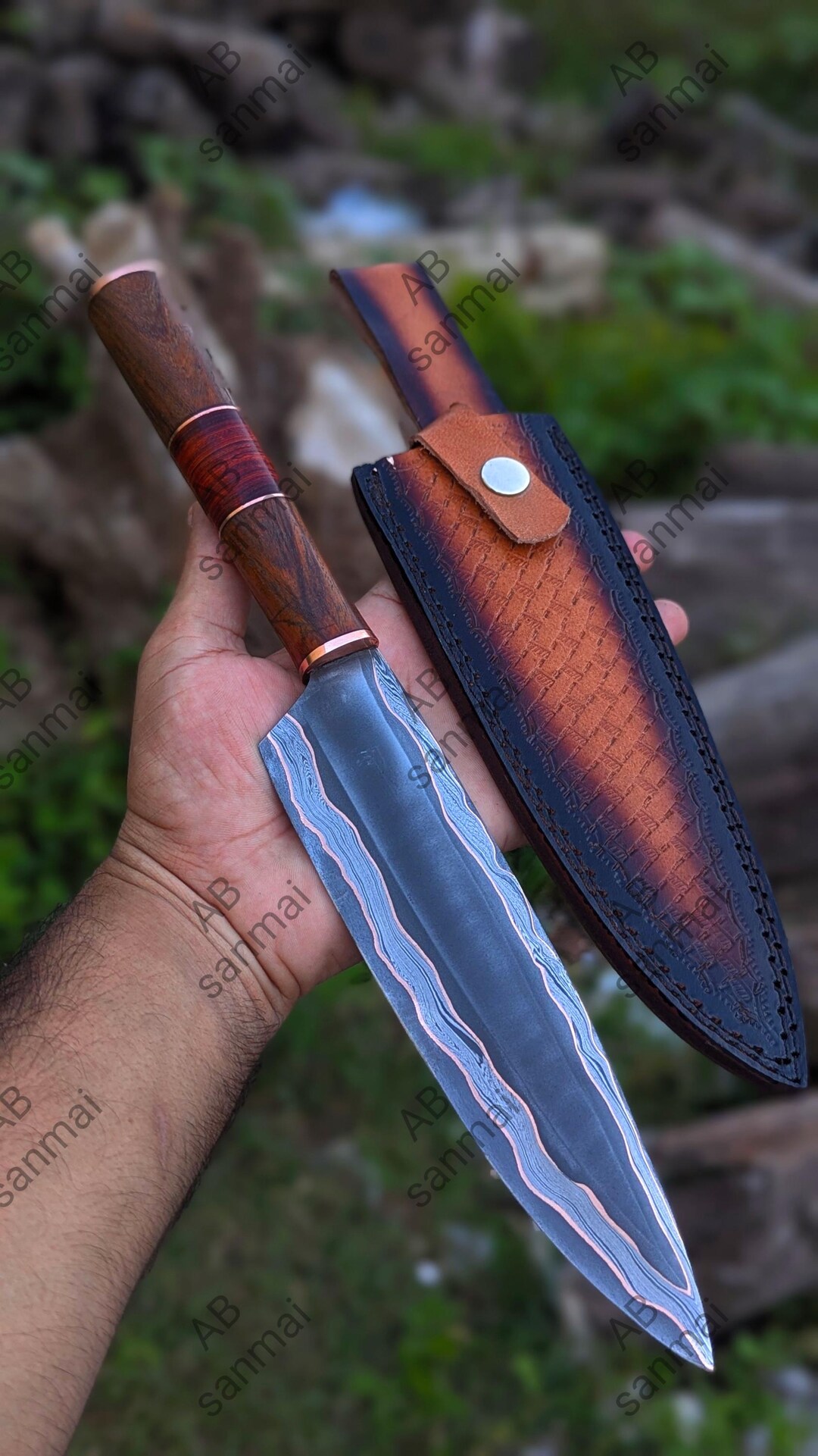 Forged Damascus Steel Chef Knife: Copper Bolster, Wood Handle, Leather ...