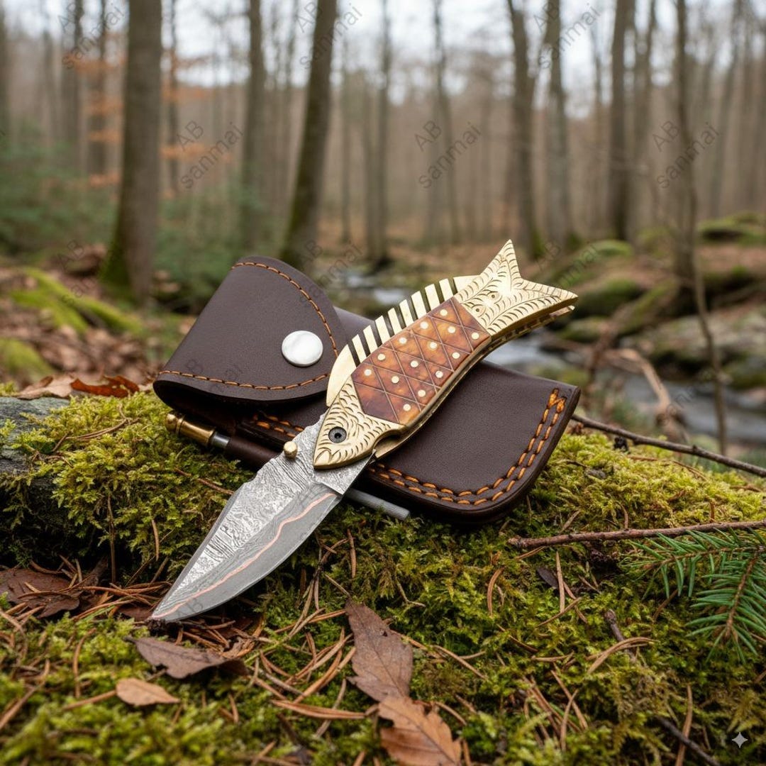 Custom Handmade Copper Damascus Fish Forged Folding Knife, Rose Wood ...