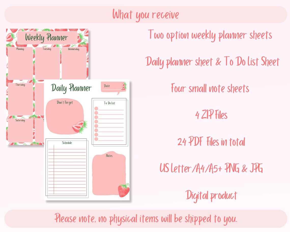 Strawberry Weekly Planner Printable | 2026 Digital Weekly Schedule ...
