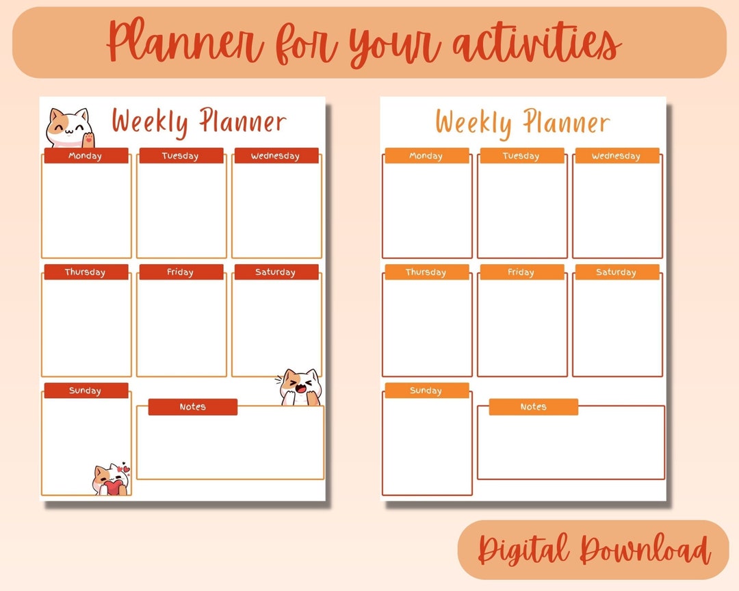Digital Weekly Planner, Weekly Planner, Printable Planner, Cat Planner ...