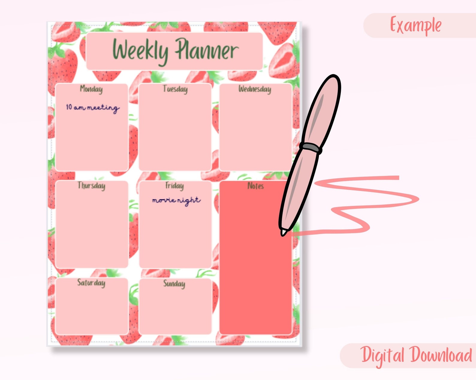 Strawberry Weekly Planner Printable | 2026 Digital Weekly Schedule ...