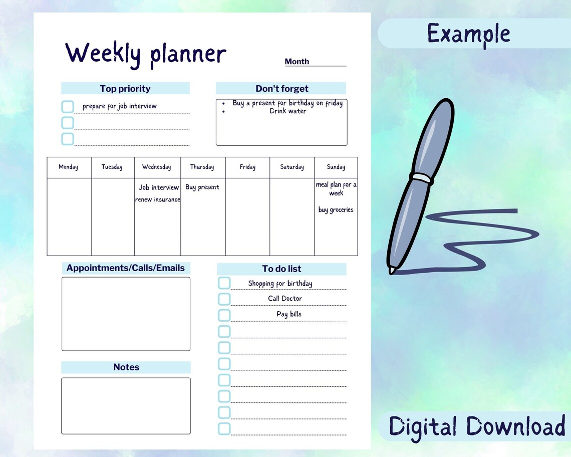 Digital Weekly Planner, Printable Planner, Weekly Planner, Daily ...
