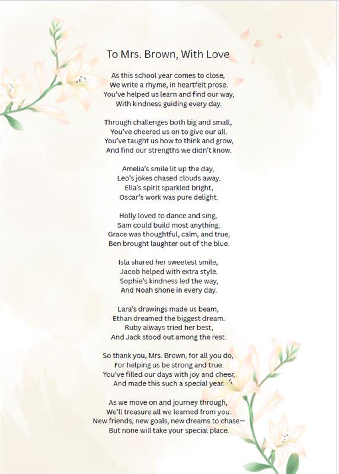 Teacher's Gift, Personalised Appreciation Poem, Range of Beautiful ...