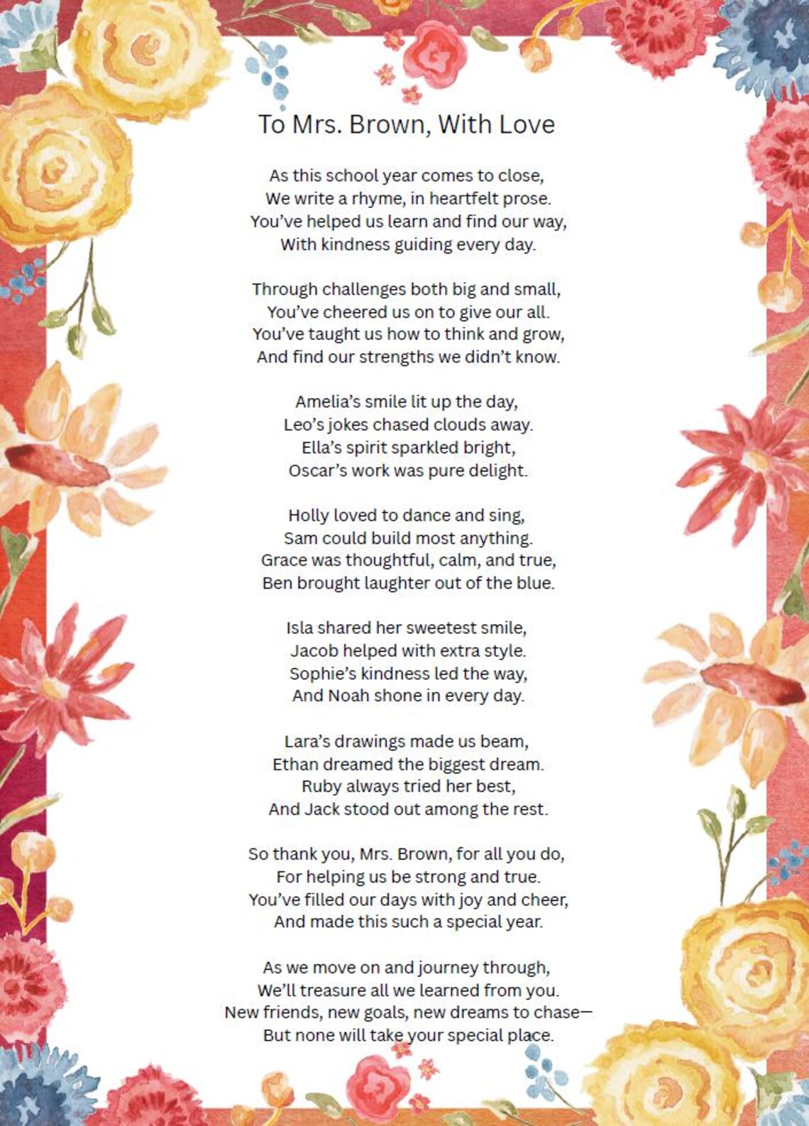 Teacher's Gift, Personalised Appreciation Poem, Range of Beautiful ...