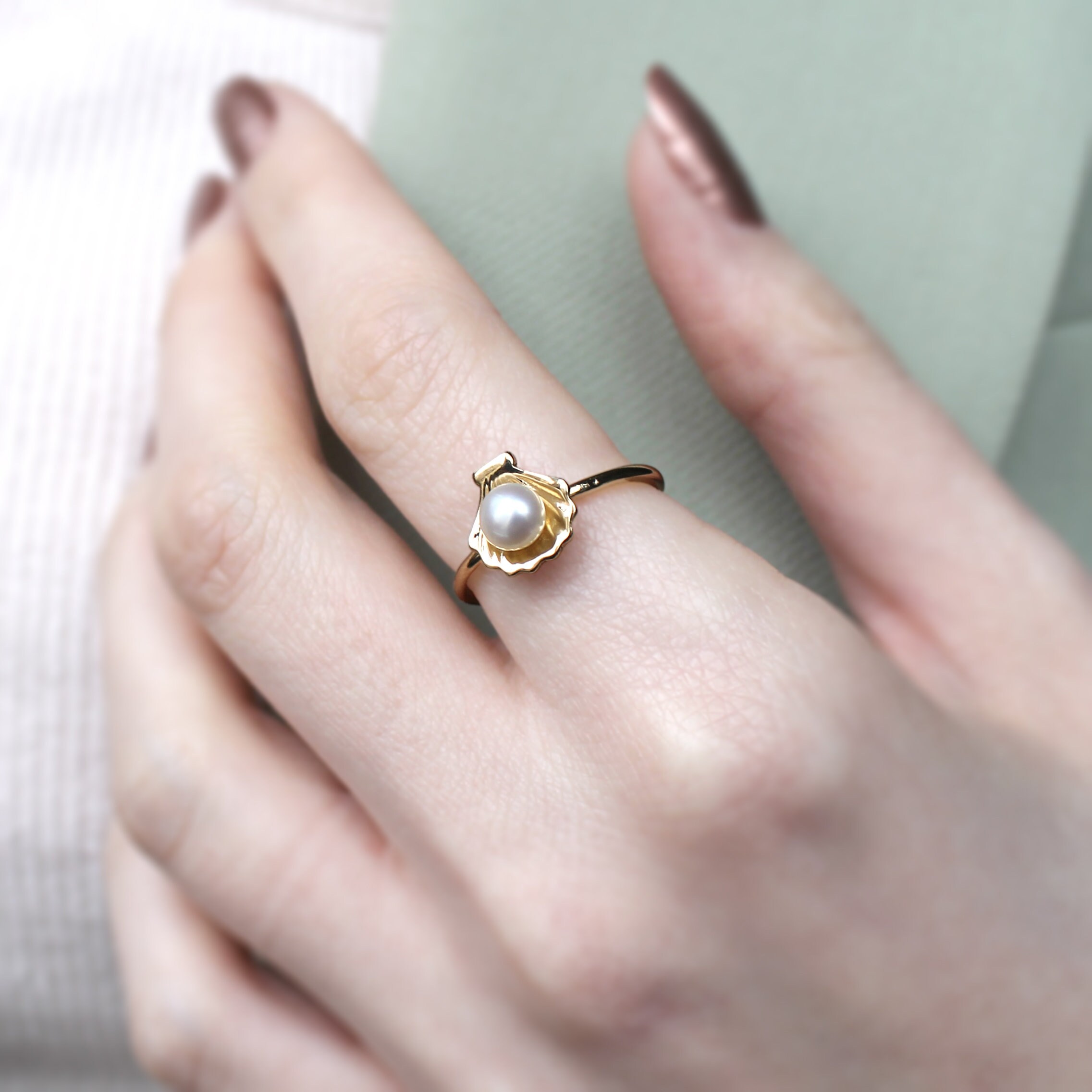 Gold Seashell Pearl Ring / 14K Gold Oyster Pearl Ring / Gold Shell Ring ...