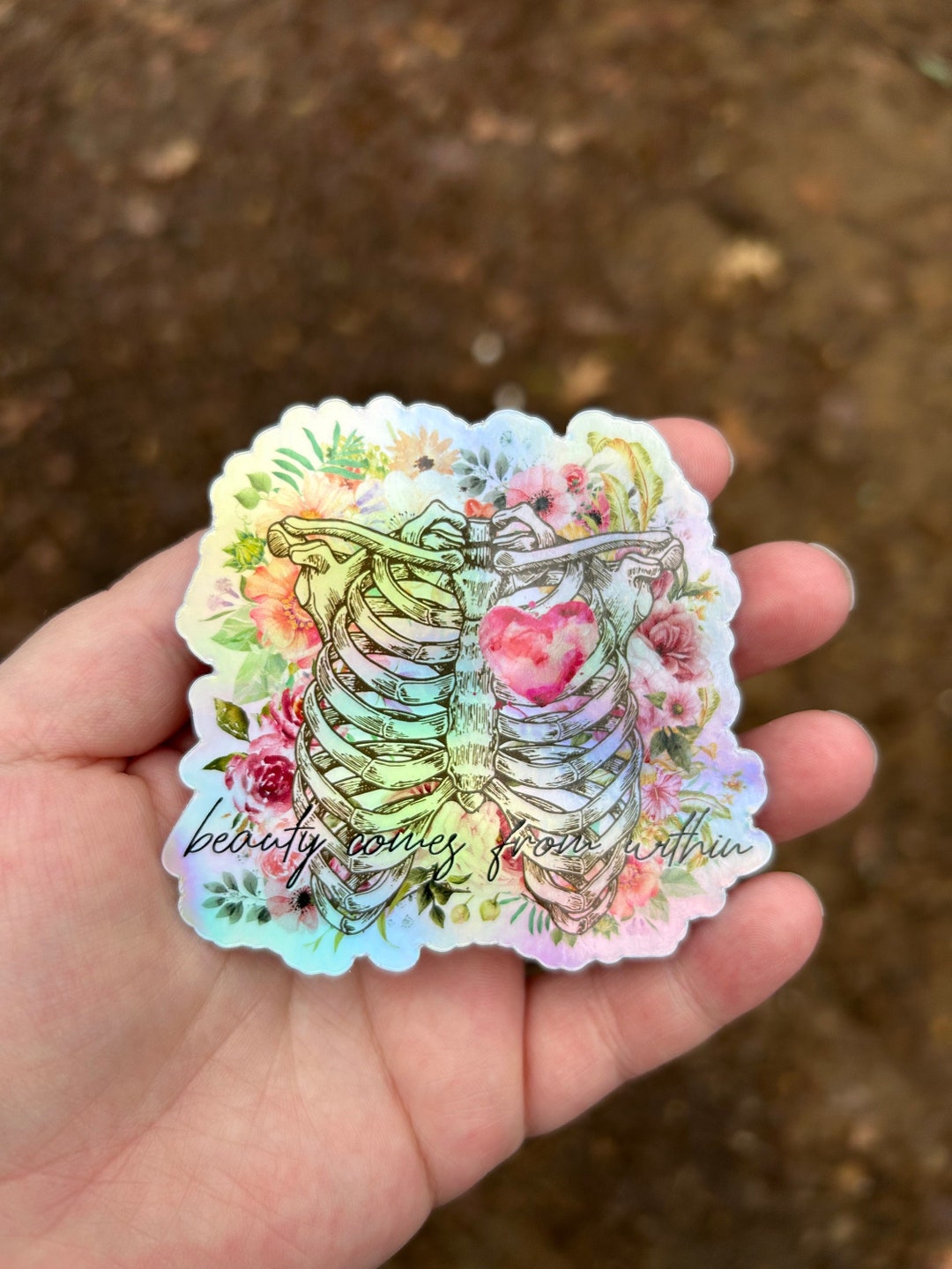 Rib Cage Flower Holographic Sticker Beauty Comes From Within - Etsy