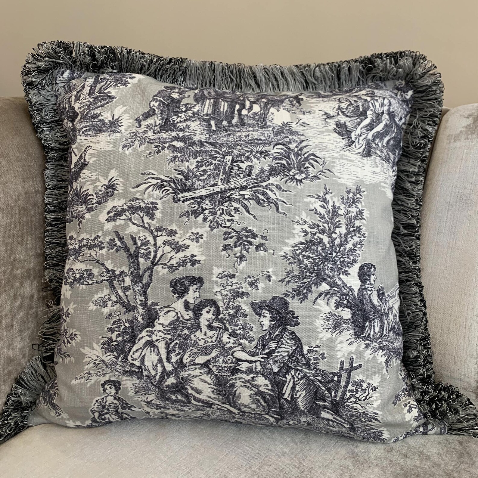Toile De Jouy Pillow Cover With Tassels, French Country Style Cushion ...