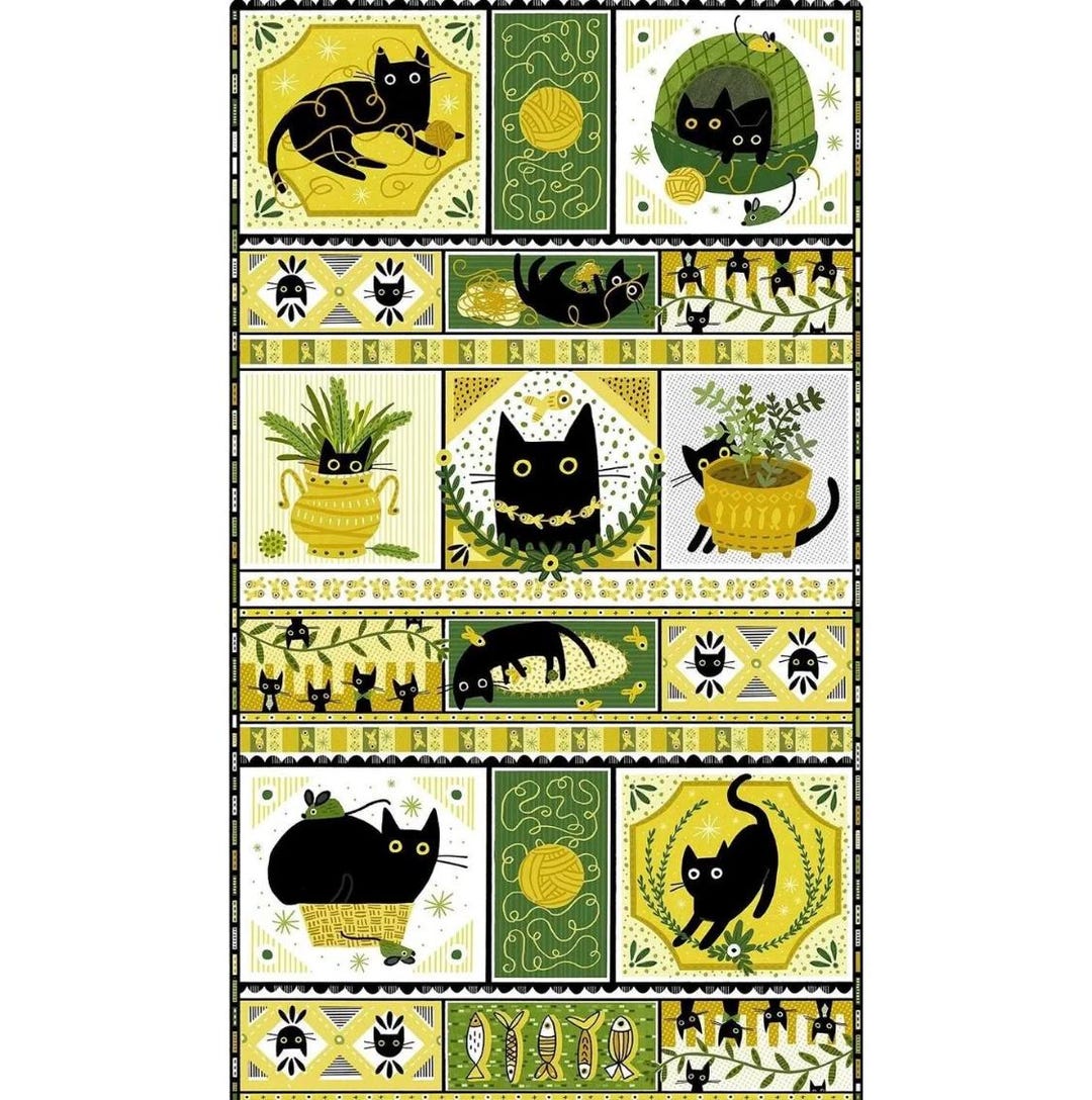 Cat Fabric Panel, A Tall Yarn Cat Panel Dear Stella Black Cat Quilt ...