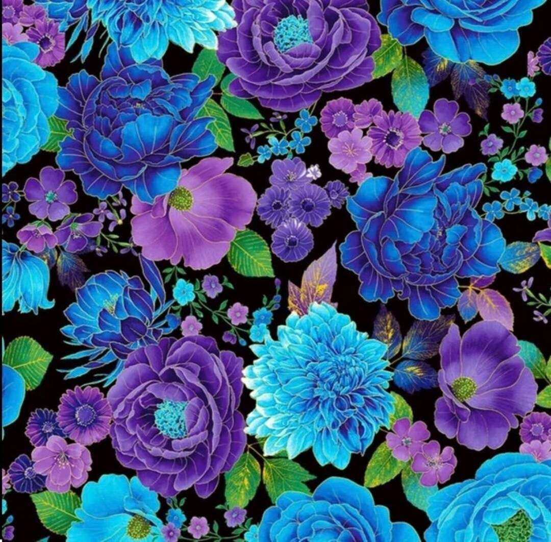 Utopia Bright Purple and Blue Metallic Flowers on Black Cotton Quilt ...
