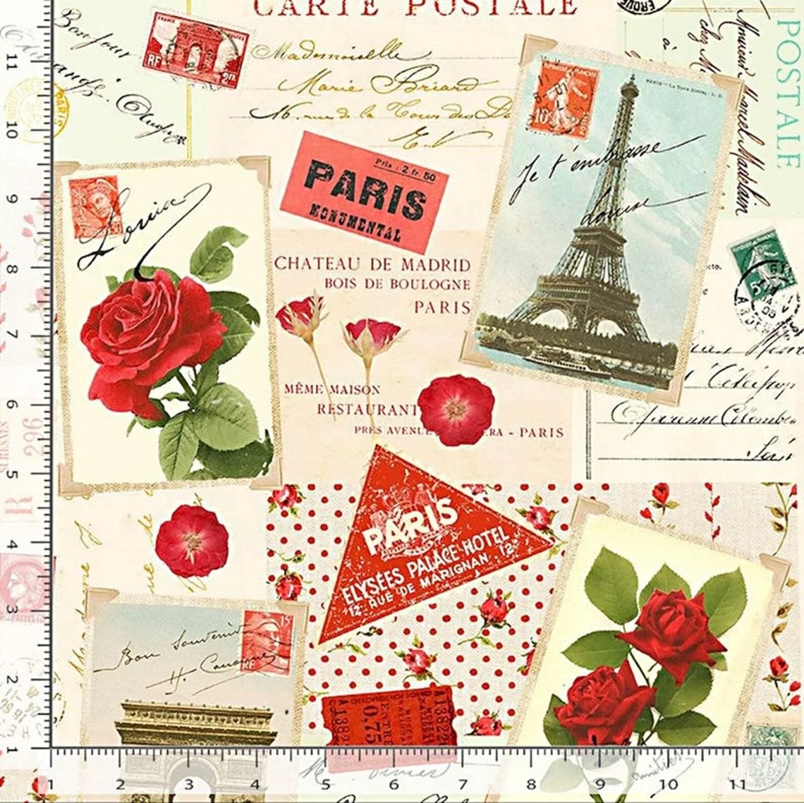 Vintage Rose Paris Vintage Postcards in Cream, Love Fabric, by Timeless ...
