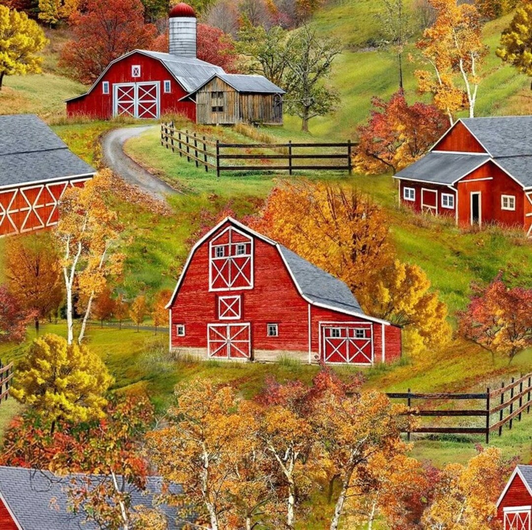 Country Red Barn Scenic Quilt Panel Fabric Autumn Fall Foliage Glorious ...