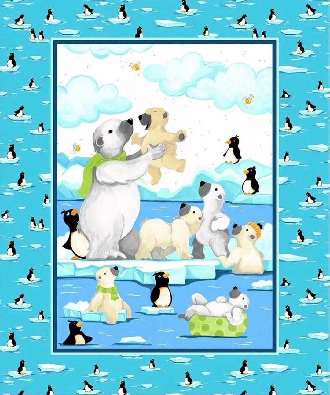 Burr the Polar Bear Panel, Cubs and Penguin Friends Turquoise, Baby ...