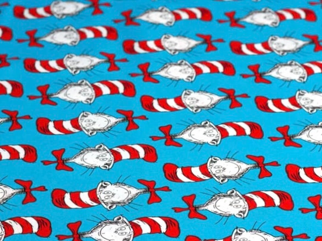 Dr.seuss the Cat in the Hat on Blue Cotton Fabric Print (ADE-10795-203 ...