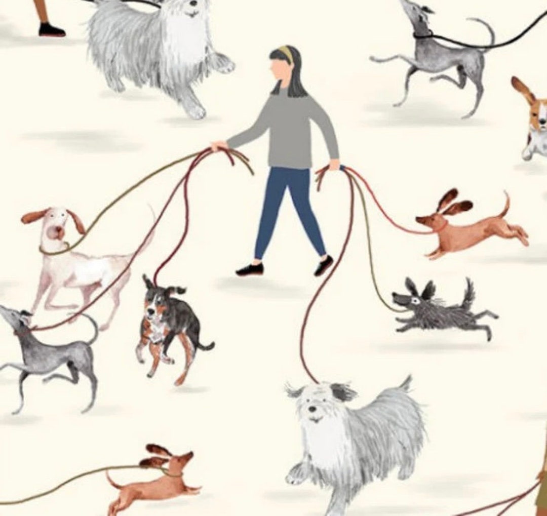 Unleashed People Walking Their Dogs on Background, Dogs Fabric, 100% ...