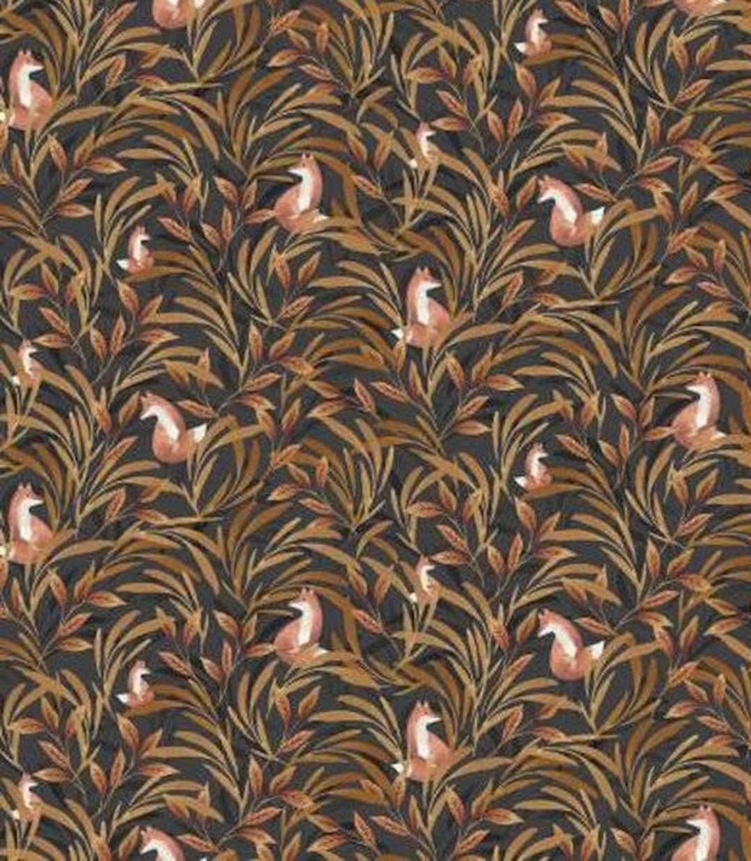 Into the Woods Fox Charcoal Fabric, Fox Cotton Fabric, Fox in Leafy ...
