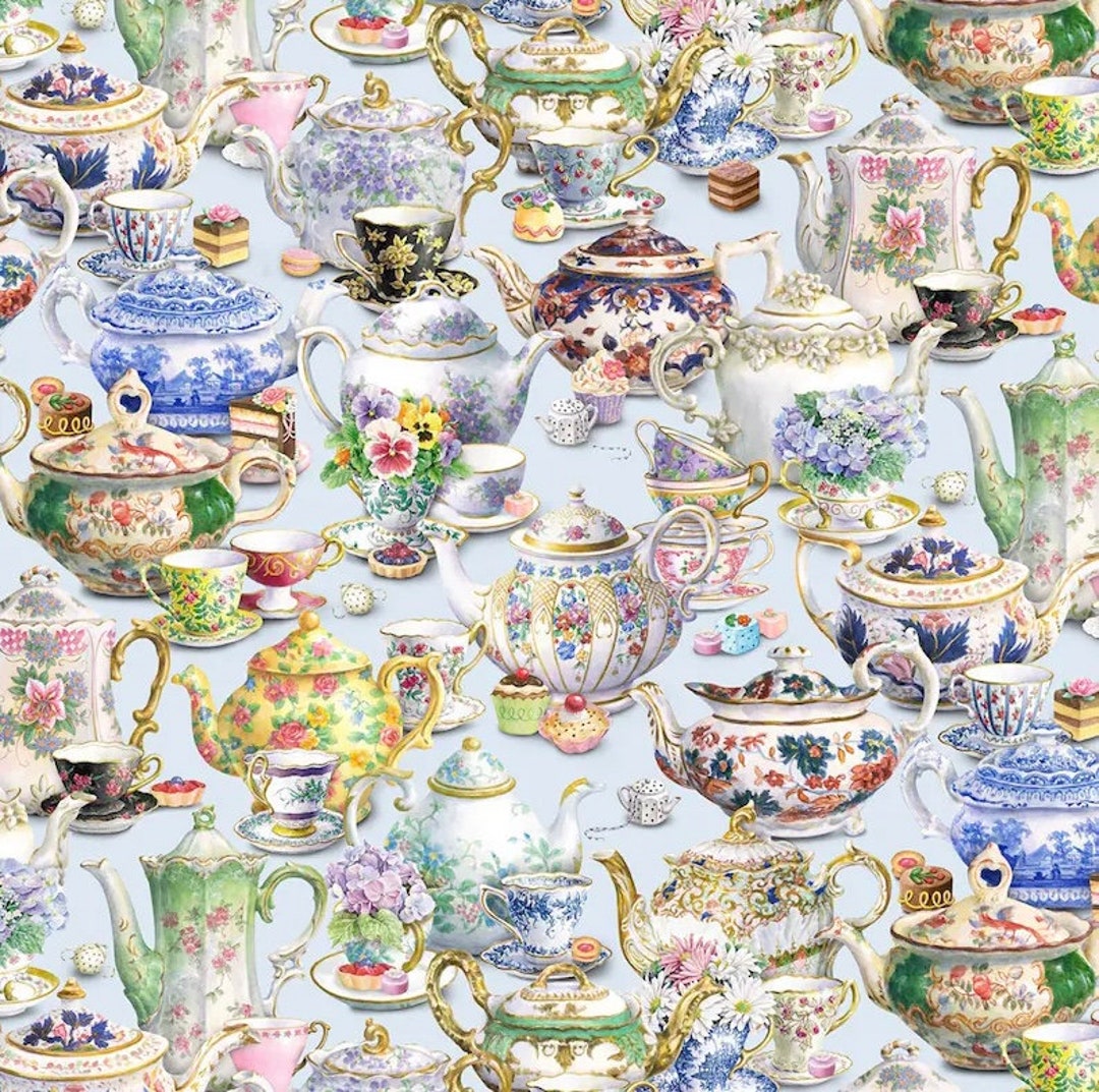 Fancy Tea Teapots Vintage Style Teacups Fabric, Tea Party Elizabeths ...