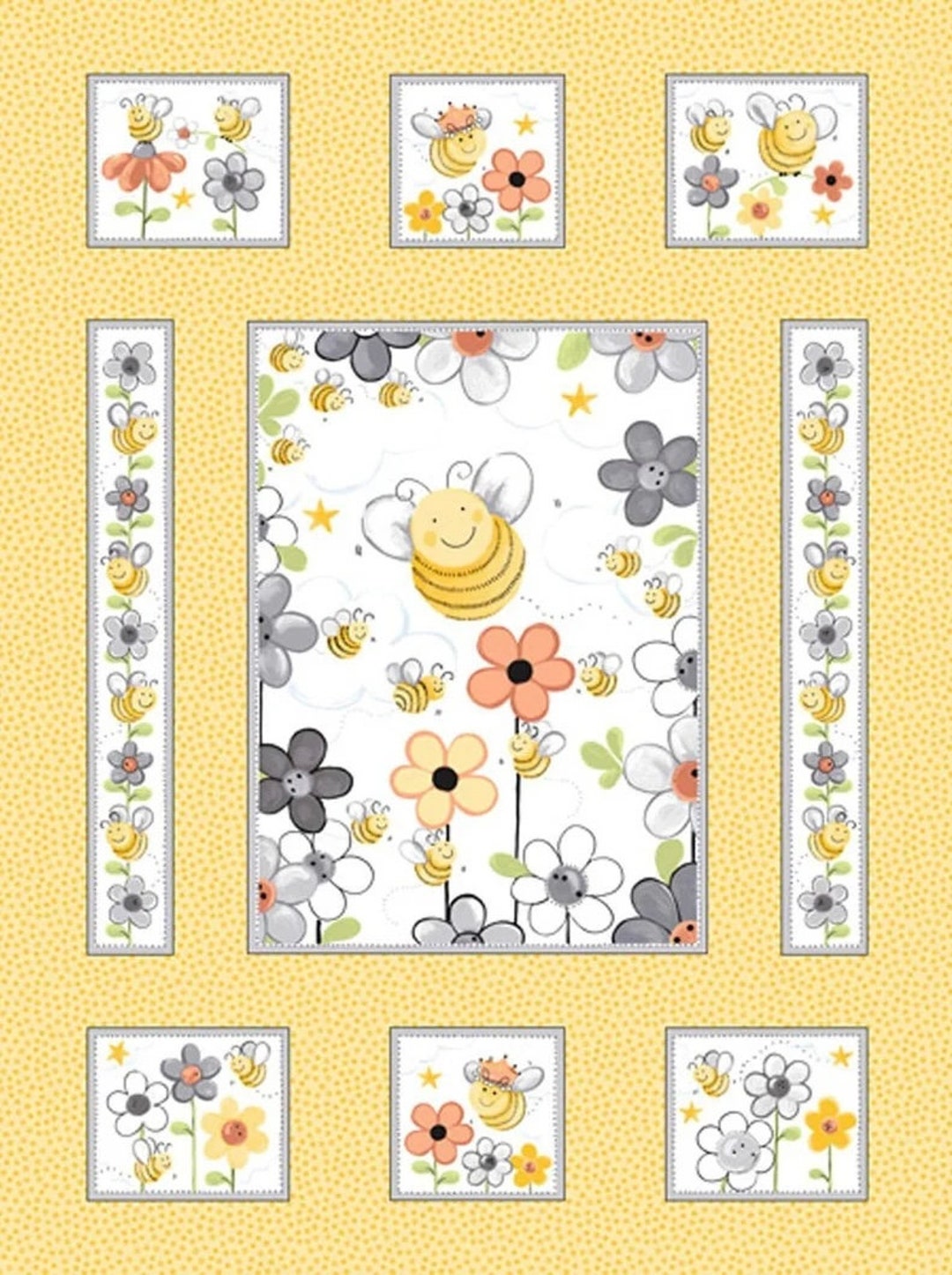Sweet Bees Quilt Panel, Honey Bee and Flowers Cotton Fabric by World of ...