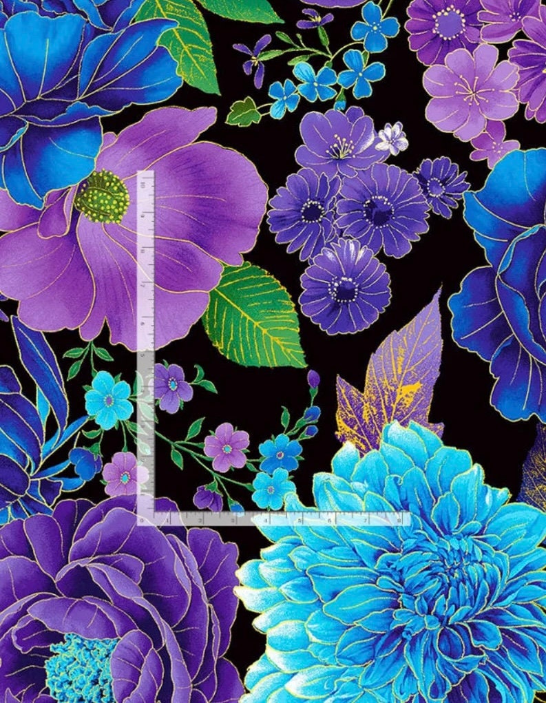 Utopia Bright Purple and Blue Metallic Flowers on Black Cotton Quilt ...