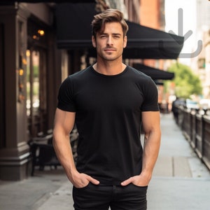 Bella Canvas 3001 Male Model Mockup, Black T-shirt Mock up Outdoors ...