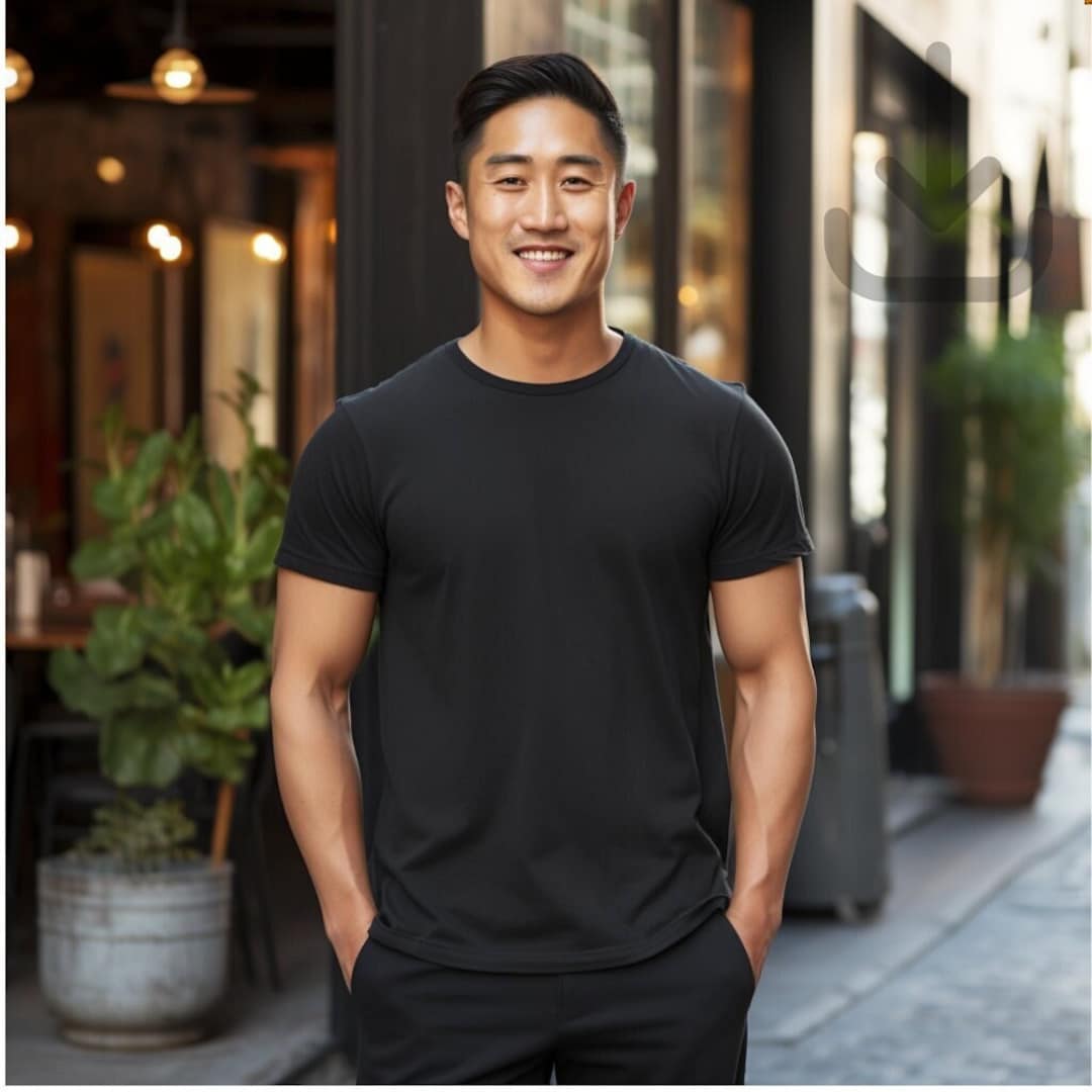 Bella Canvas 3001 Male Model Mockup, Black T-shirt Mock up Outdoors ...