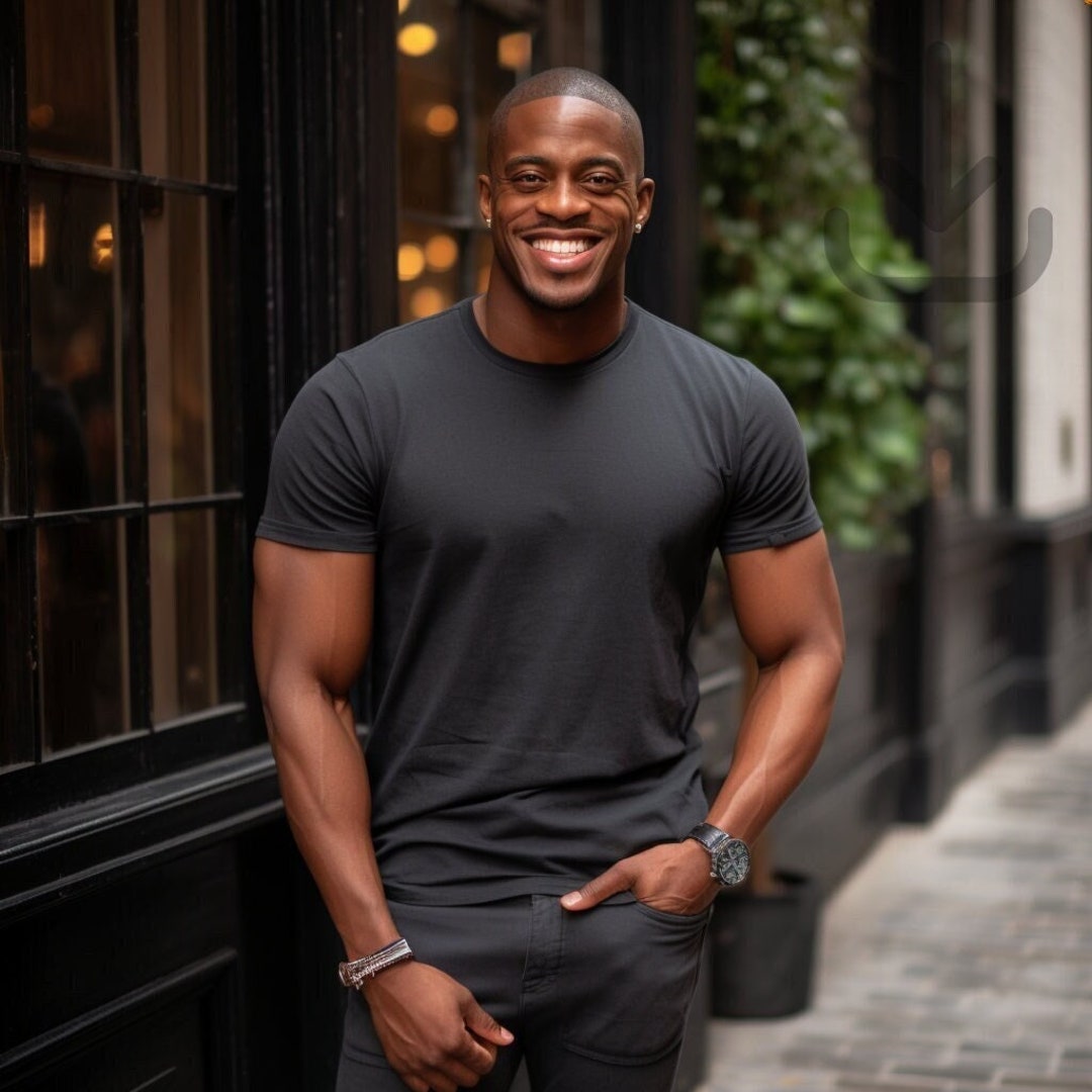 Bella Canvas 3001 Male Model Mockup, Black T-shirt Mock up Outdoors ...