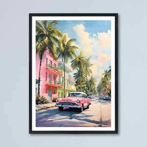 Miami Beach Retro Watercolor Painting, Vintage Car in Vintage Miami ...