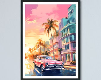 Miami Beach Retro Watercolor Painting, Vintage Car in Vintage Miami ...