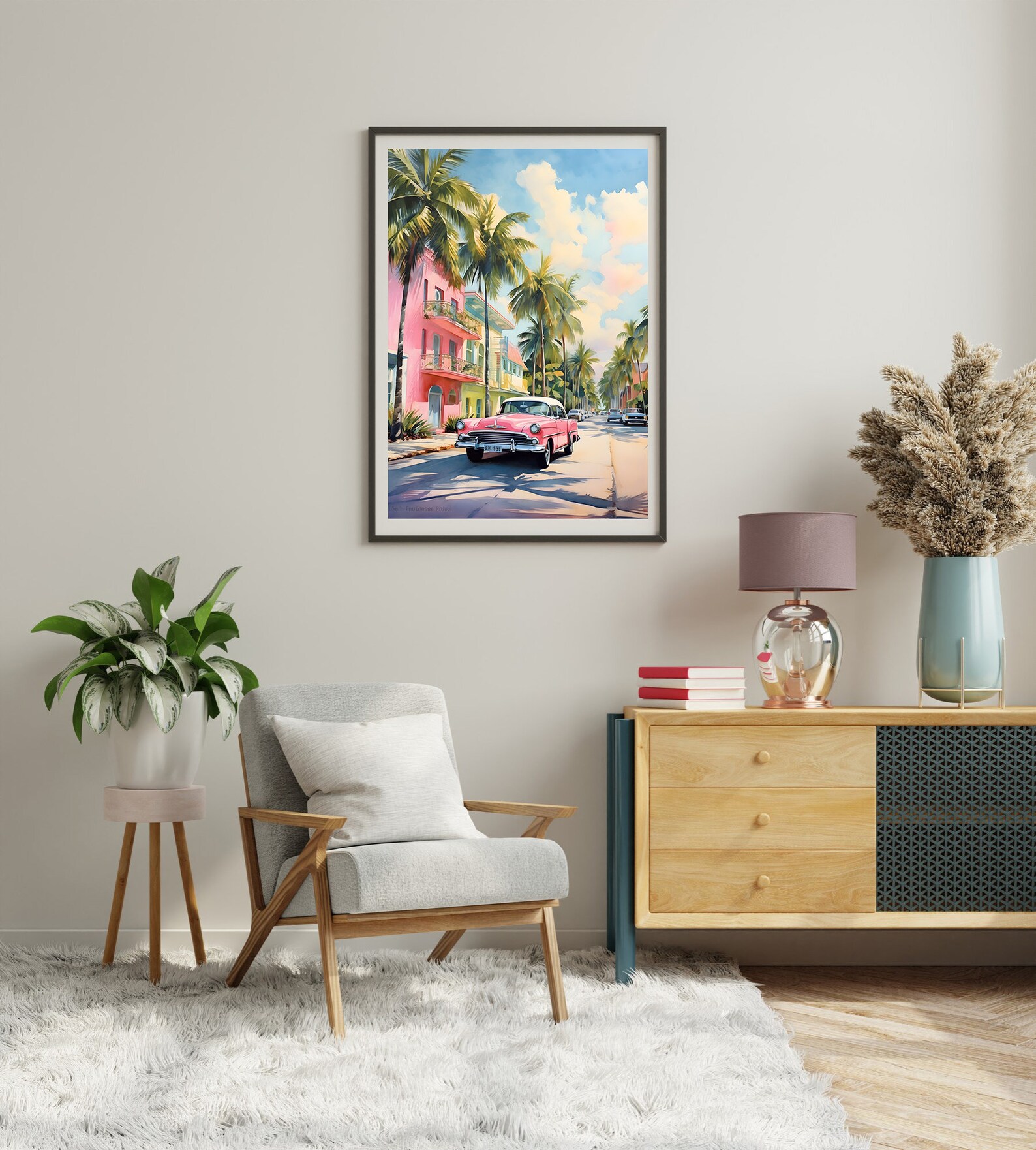 Miami Beach Retro Watercolor Painting, Vintage Car in Vintage Miami ...