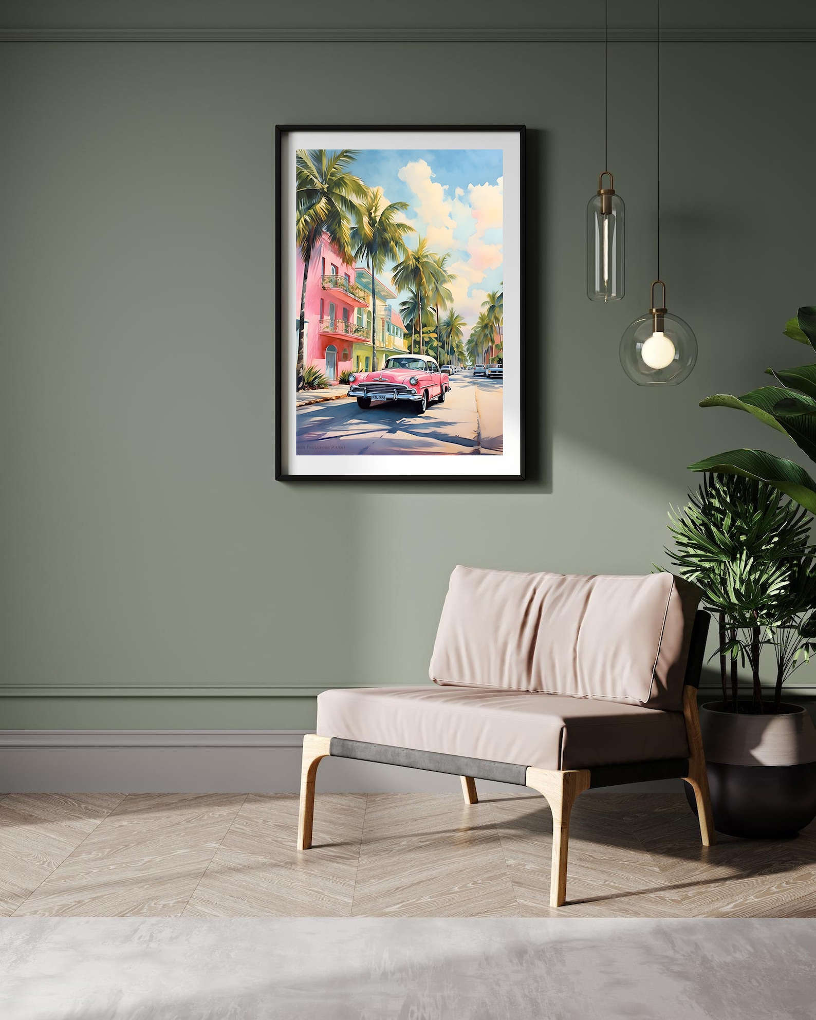 Miami Beach Retro Watercolor Painting, Vintage Car in Vintage Miami ...
