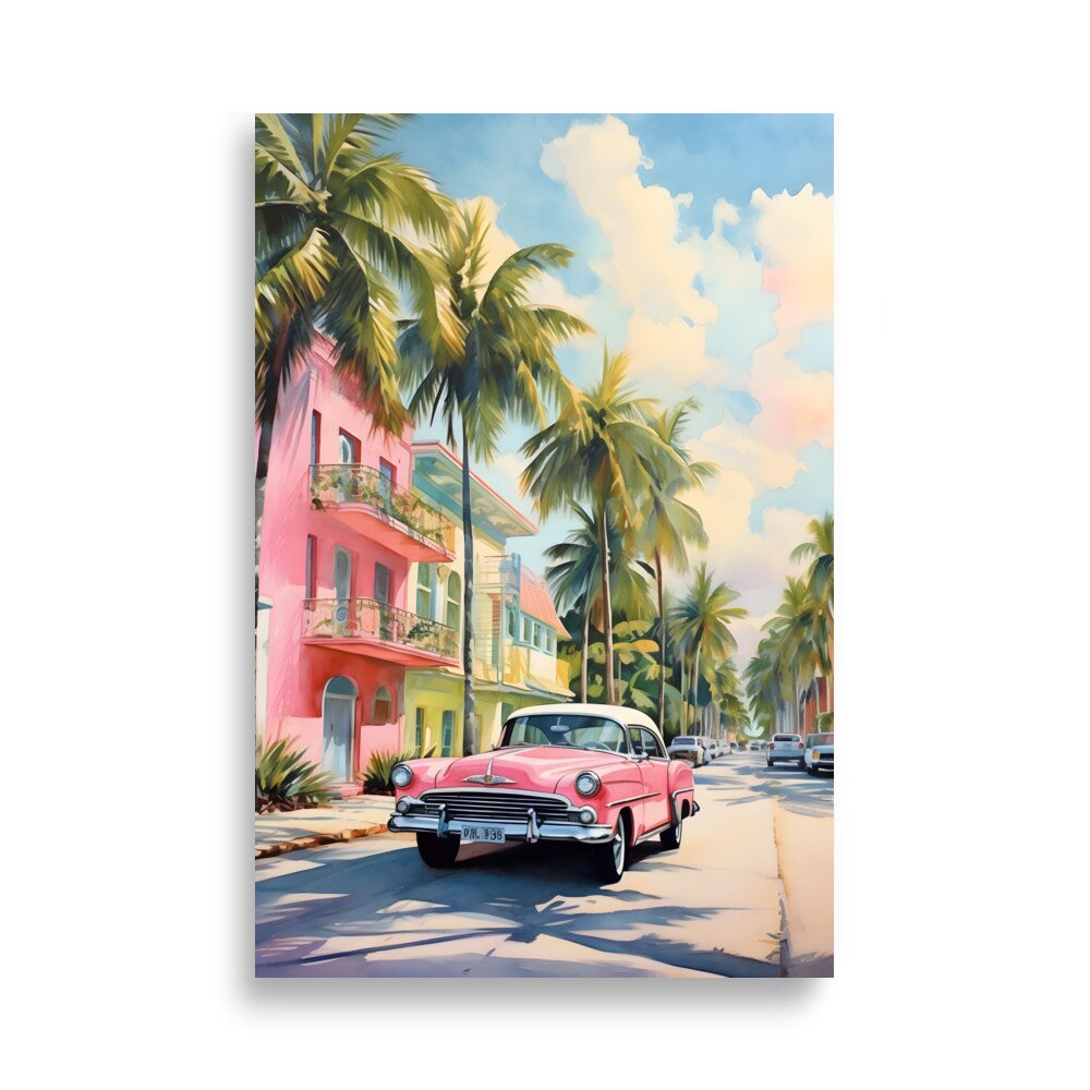 Miami Beach Retro Watercolor Painting Vintage Car in Vintage - Etsy
