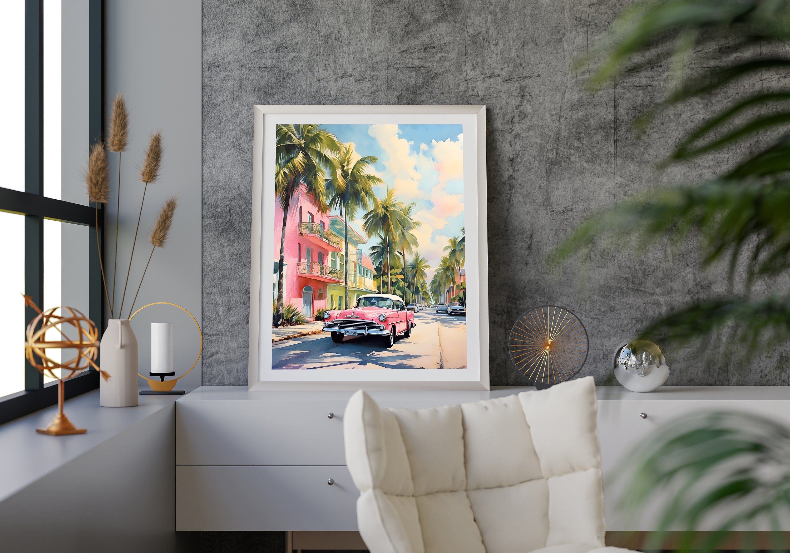 Miami Beach Retro Watercolor Painting Vintage Car in Vintage - Etsy