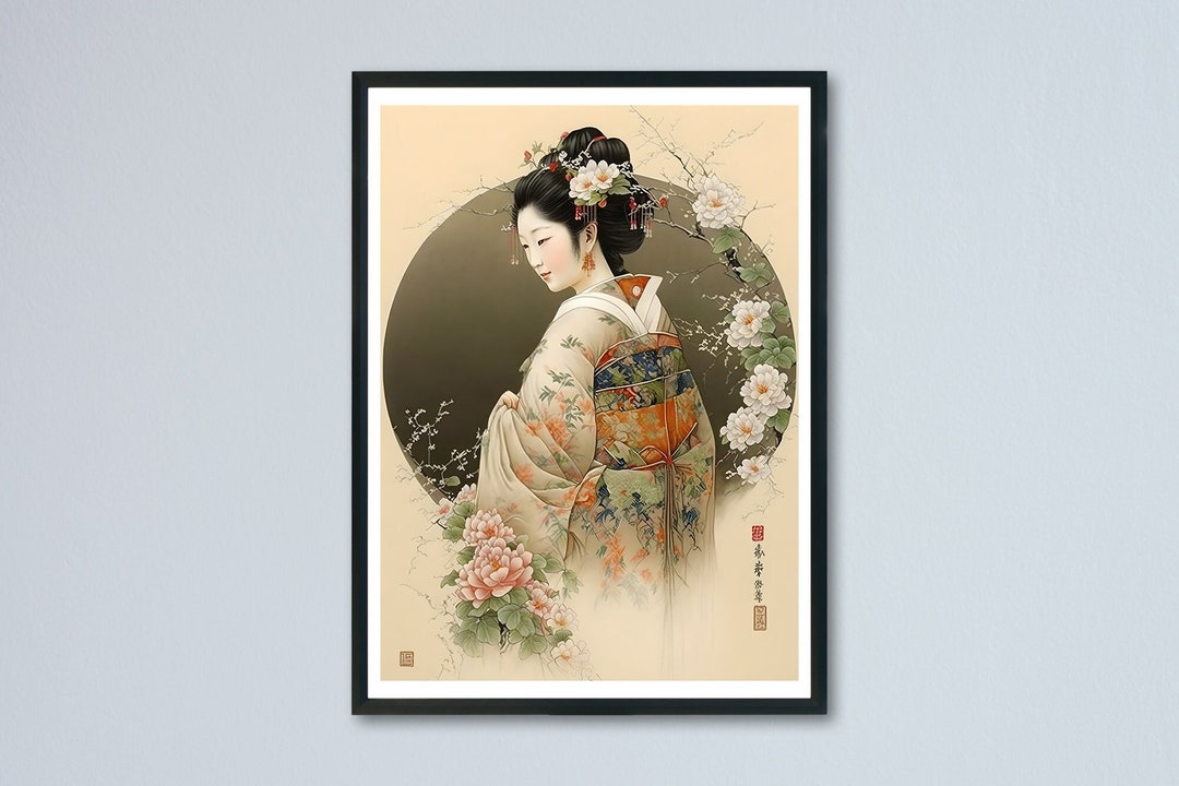 Japanese Geisha With Kimono Surrounded by Flowers - Japan Deco Poster ...