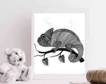 Black and White Argentine Tegu Lizard Animal Illustration Ink Drawing ...