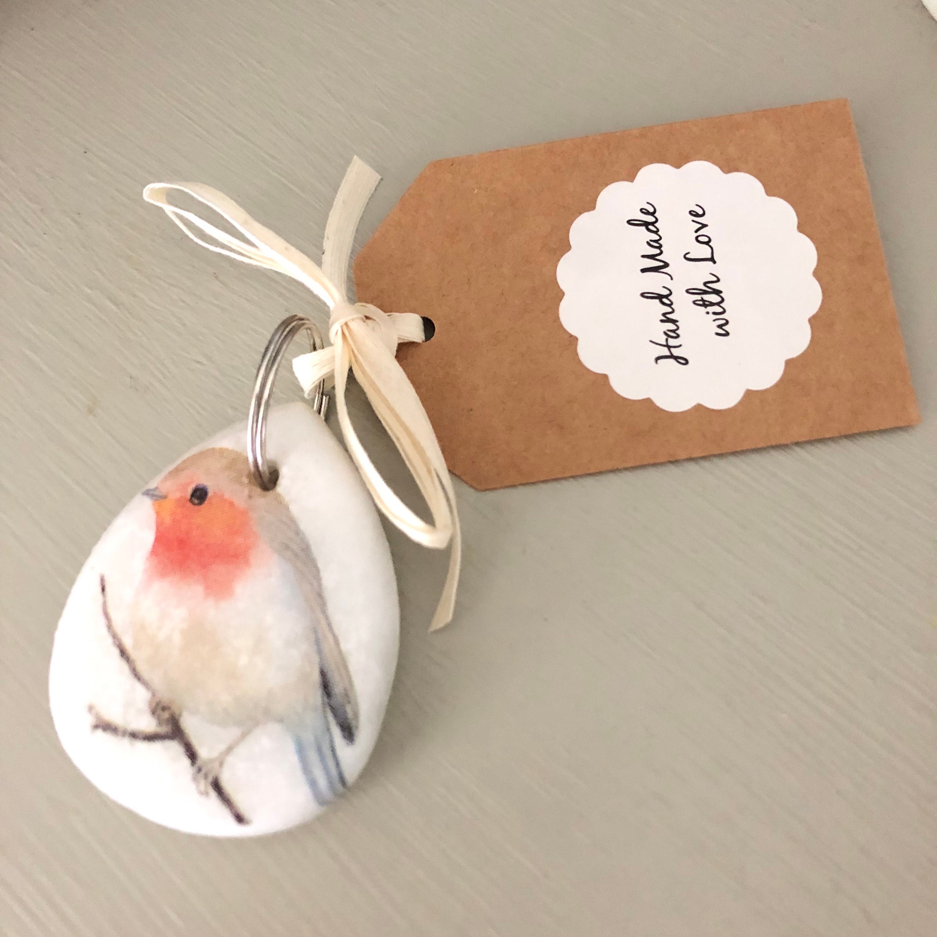 Robin Keyring. A Teardrop Shaped Decoupage Stone Keyring. Good Luck ...